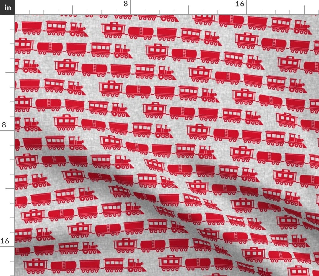 Red Fabric Trains Red on Grey Linen-like Texture Nursery - Etsy