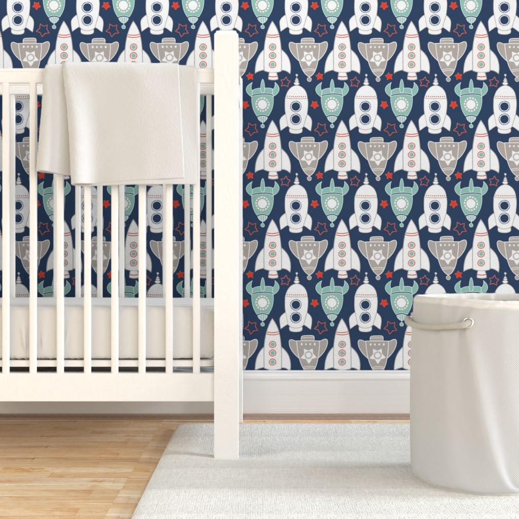 Rocket Ships Wallpaper - Rocket Race in Navy by Sugarfresh - Space Boy ...