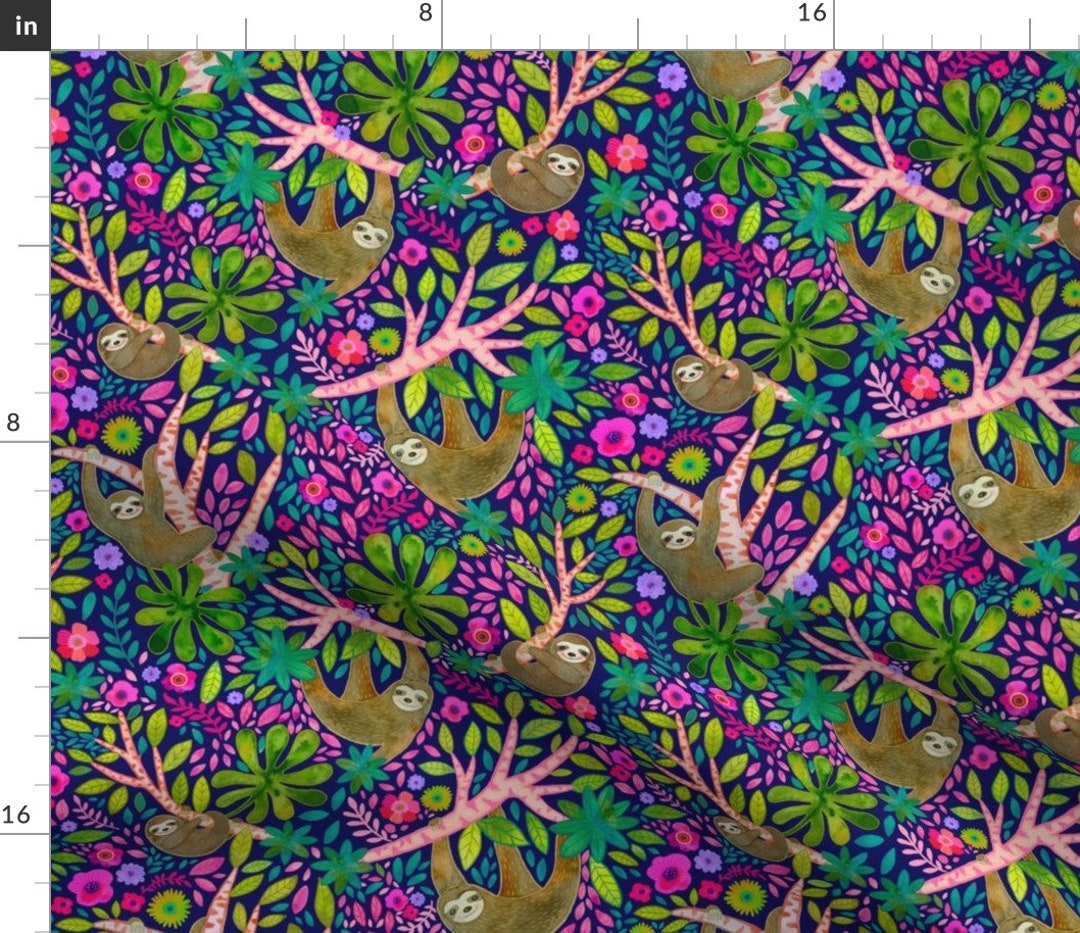 Bright Sloth Floral Fabric Tropical Sloth Night Garden by Janetbroxon ...