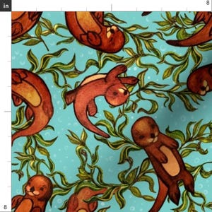 Blue Cute Otter Cuddle Puddle Fabric - Otters Underwaters River by Indigoartworks - Otter Cotton ...