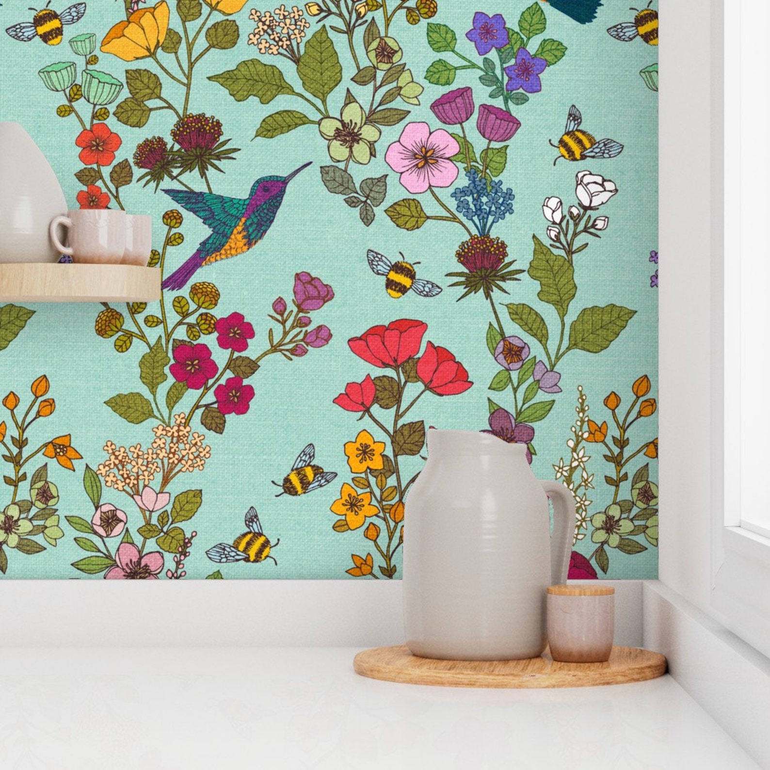 Hummingbird Wallpaper Hummingbirds and Bee by Ceciliamok - Etsy
