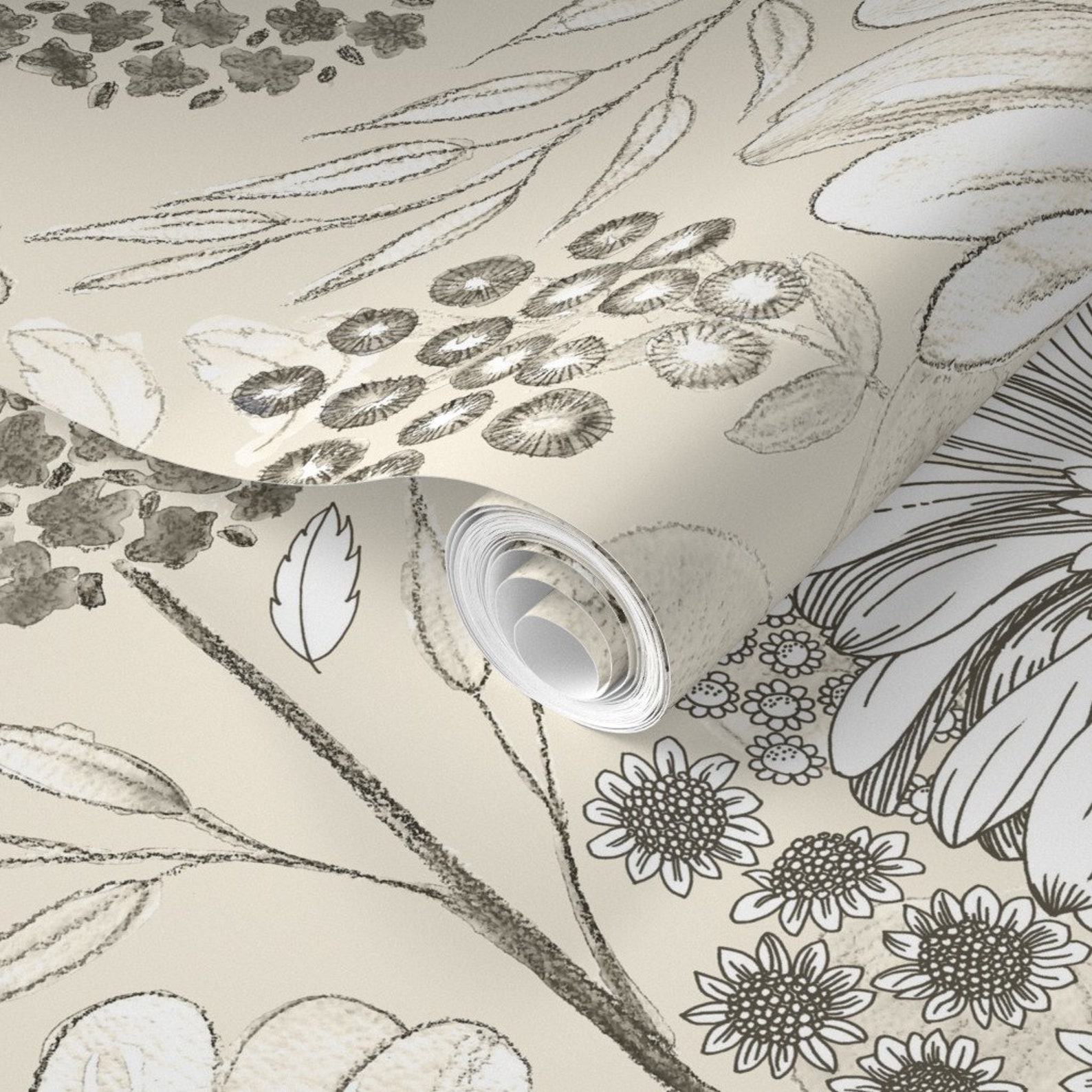 Neutral Floral Wallpaper Handdrawn-flowers-earth-tones by - Etsy