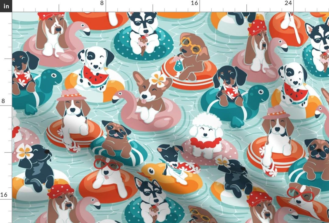 Dog Breeds Fabric - Summer Pool Pawty by Selmacardoso - Aqua Orange ...