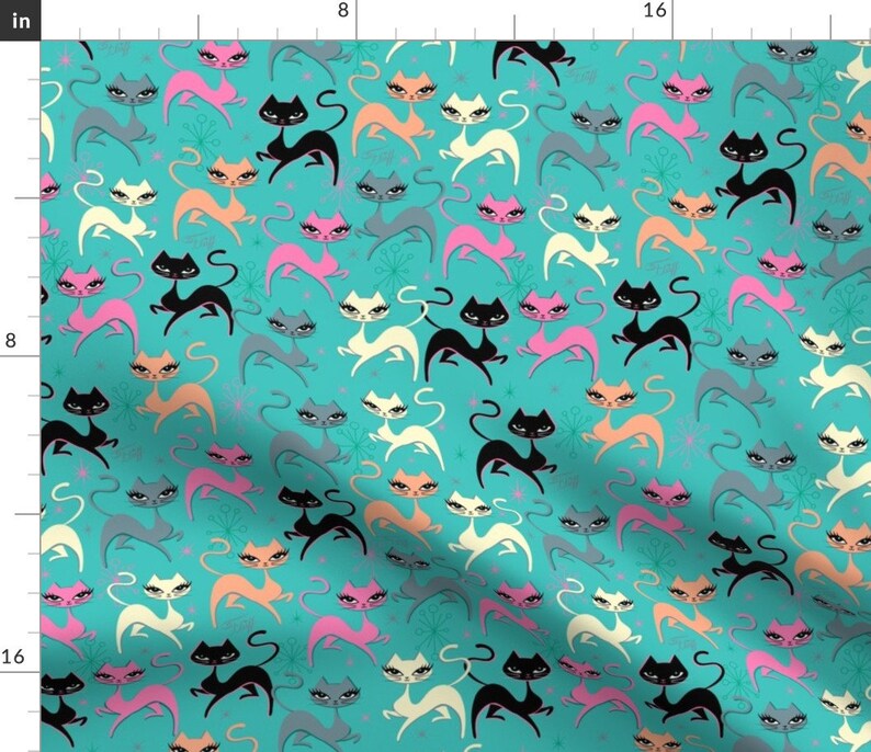 Mid Century Modern Fabric Mod Prancing Kitten-fabric-blue by - Etsy
