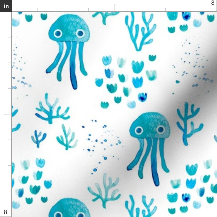 Ocean Fabric Watercolor Under Water Ocean Life Blue by | Etsy