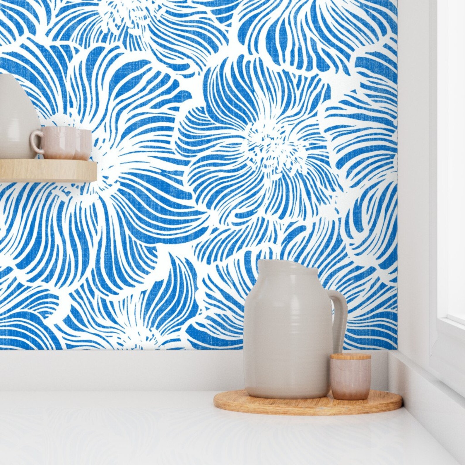 Floral Wallpaper Sunflower in Teal on Linen by Mpzstudio - Etsy