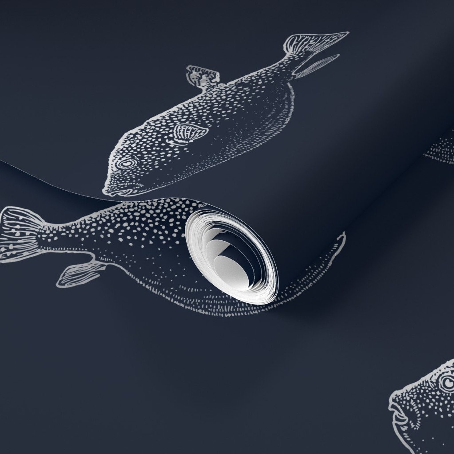 Puffer Fish Wallpaper Puffer Fish Silver on Navy by Jenlats - Etsy