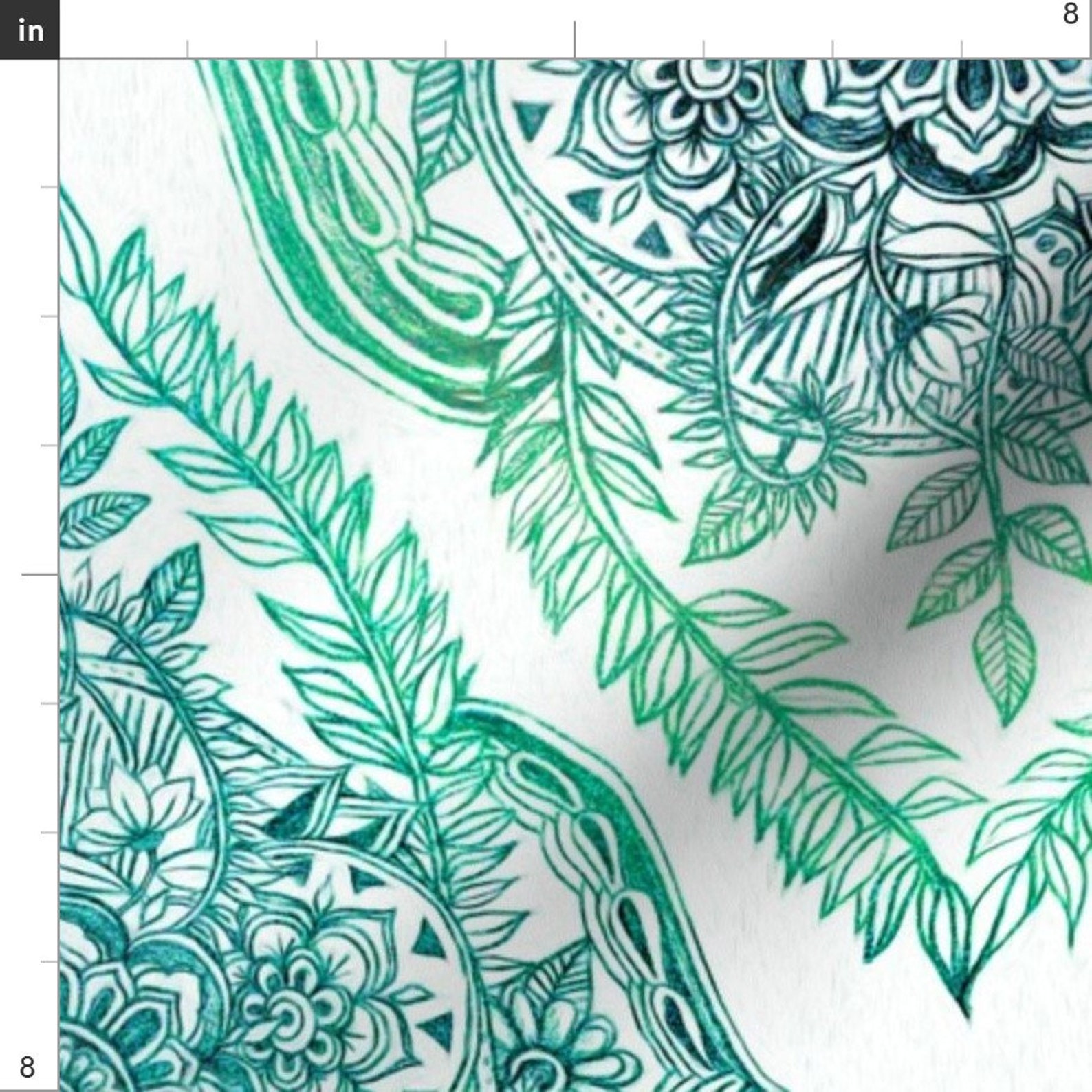 Emerald Fabric Indian Ink Floral Doodle in Emerald Green by | Etsy