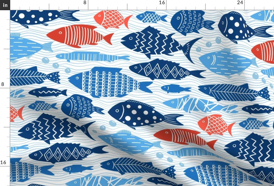 Blue Coastal Fish Fabric - Patterned Fish by Dasbrooklyn - Red White ...