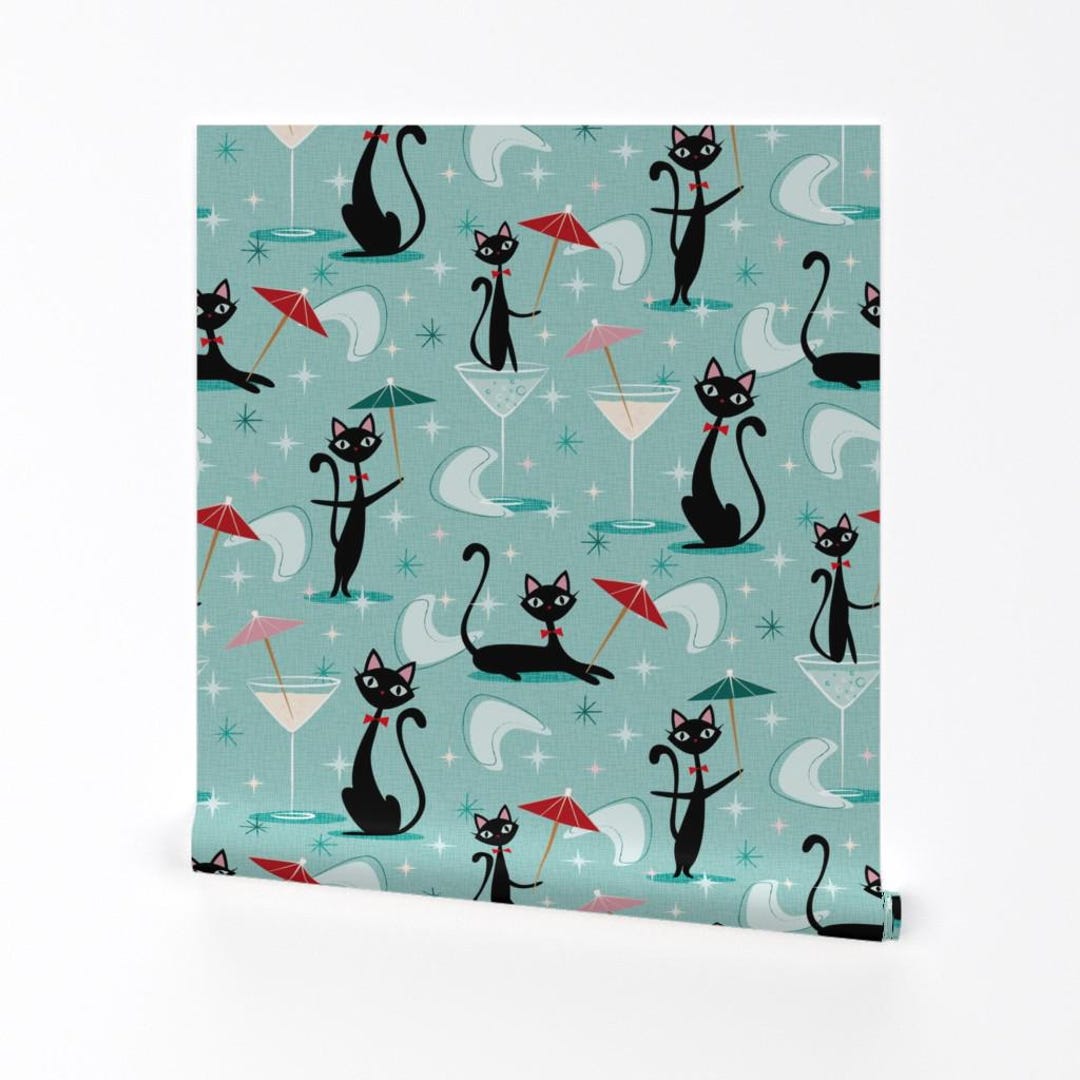 Kitsch Cats Wallpaper - Cocktail Umbrella Cats by Bamokreativ - Mid ...