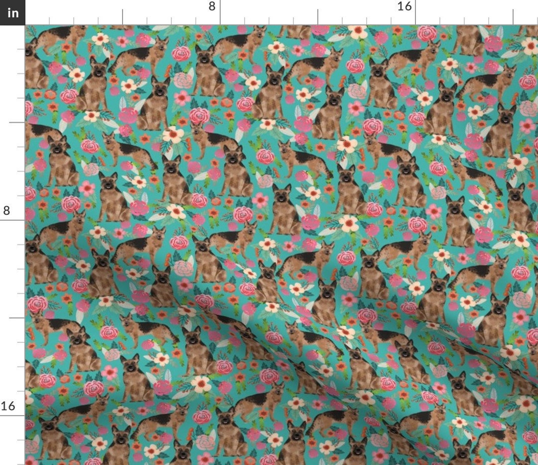 Blue Teal Floral Dog Fabric German Shepherd Turquoise Vintage Painted ...
