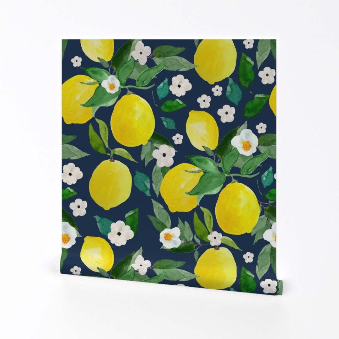 Lemon Wallpaper 8 Lemons Dark Blue Back by Shopcabin - Etsy