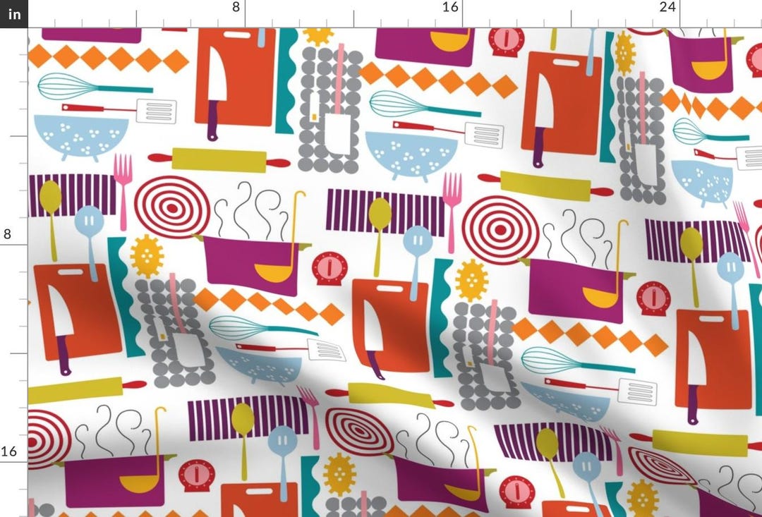 Kitchen Utensil Fabric - Cooking Dinner by Katerhees - Rainbow Mod ...