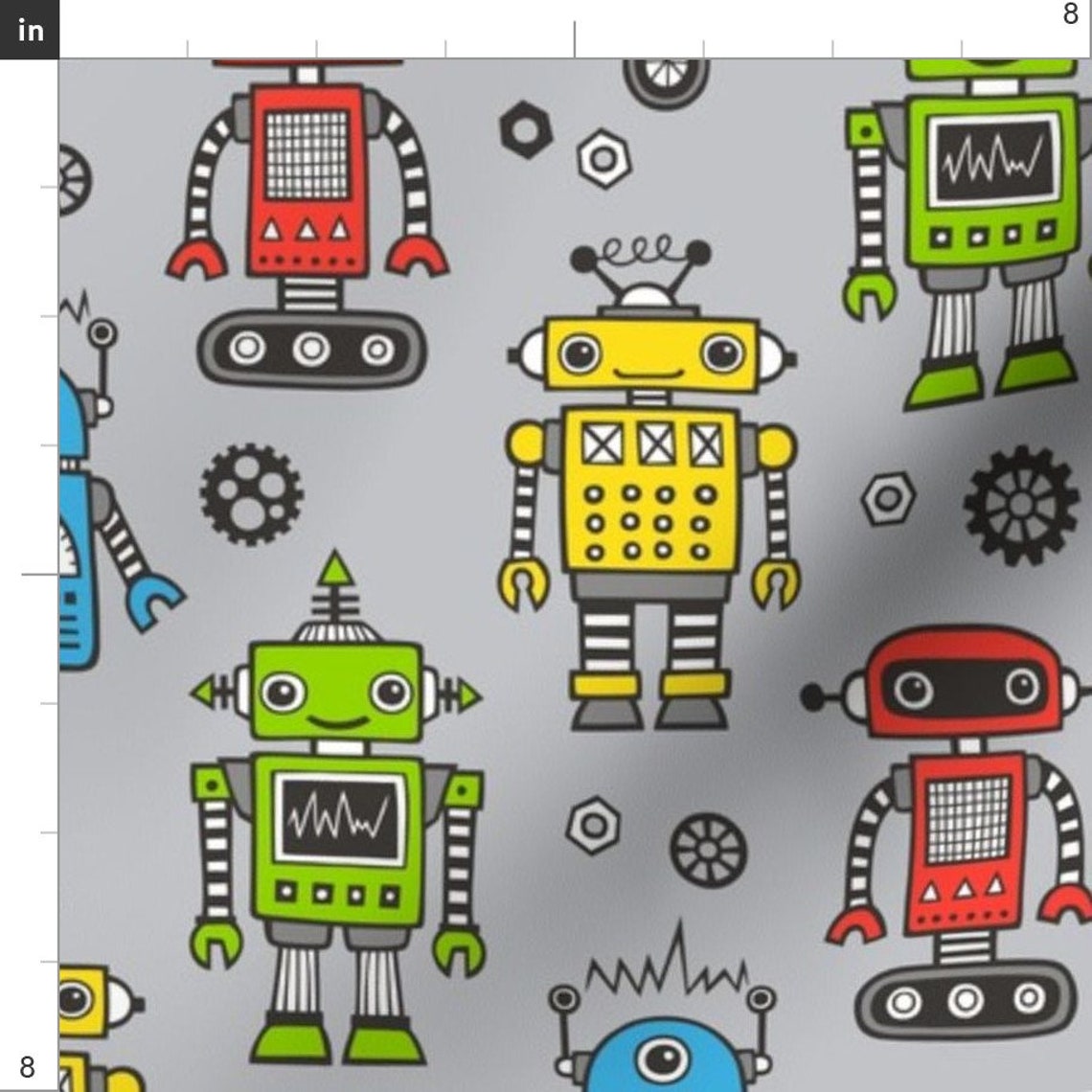 Robot Fabric Boys Cute Robots on Gray by Caja Design - Etsy