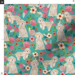 Cockapoo Fabric - Cockapoo Florals Cream White Dog - Turquoise by ...