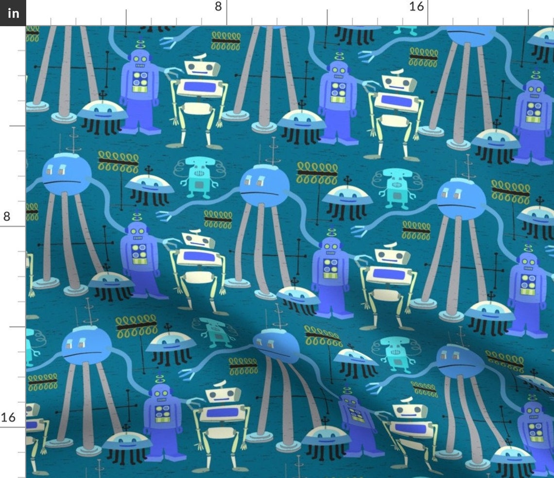 Retro Robot Fabric Retro Robot Blue Gray 2a by Vinpauld | Etsy