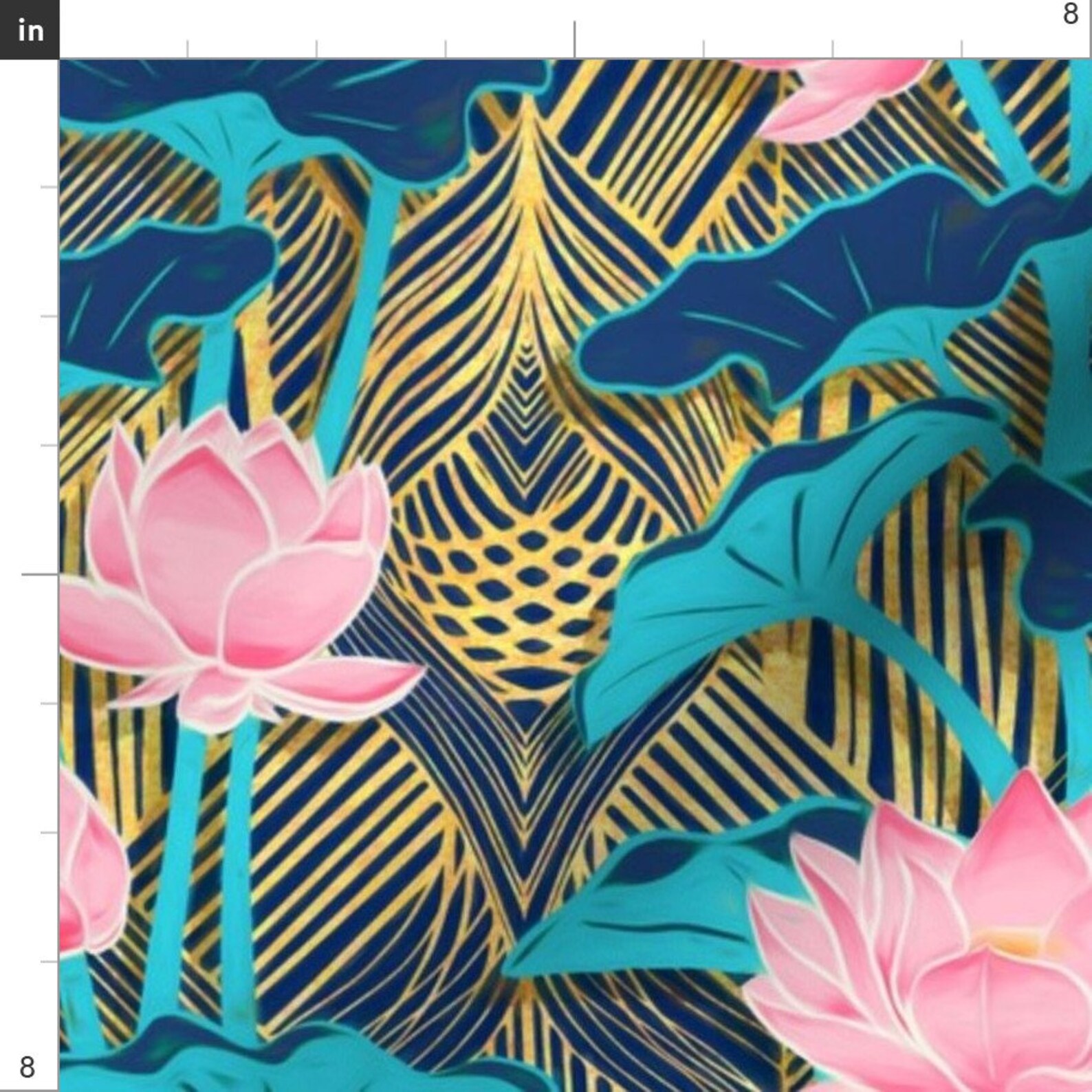 Lotus Fabric Art Deco Lotus Flowers in Pink Navy by Micklyn - Etsy