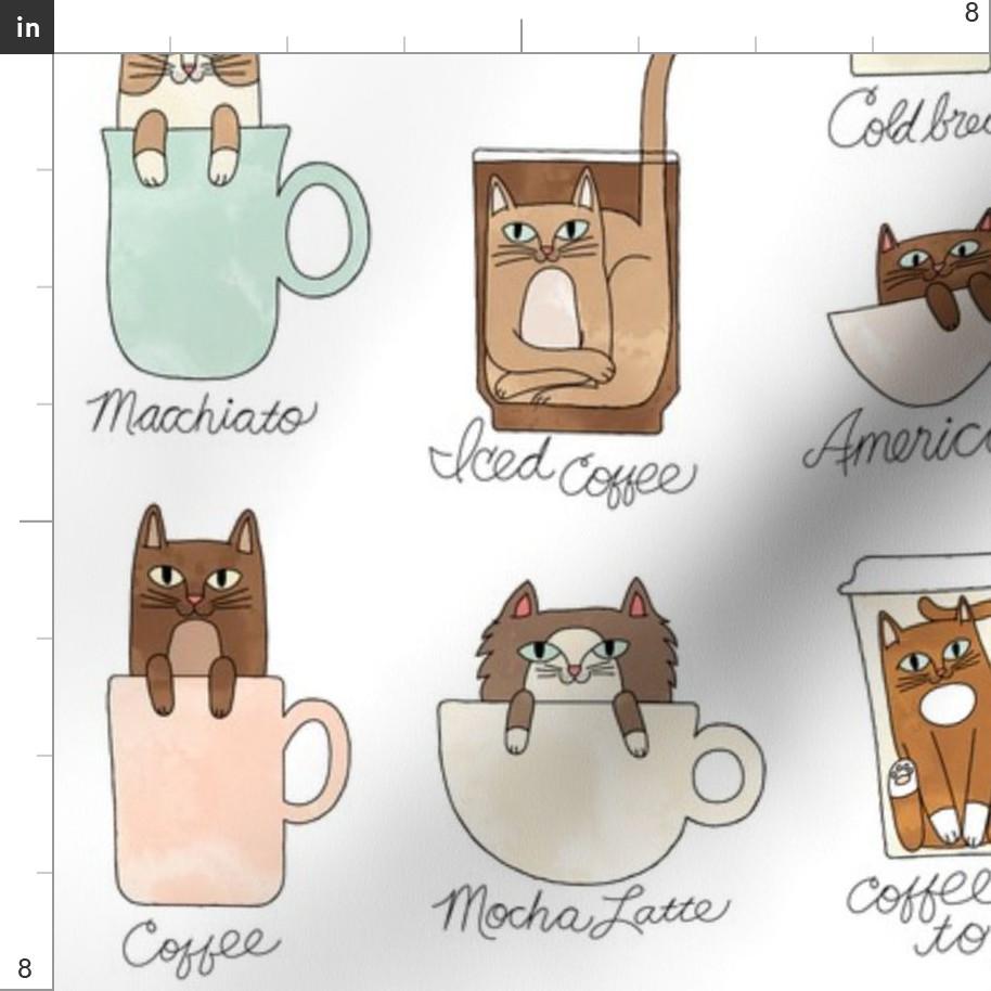 Coffee & Cats Fabric - Coffee Cats by Pinkowlet - Novelty Kitsch Kitty ...