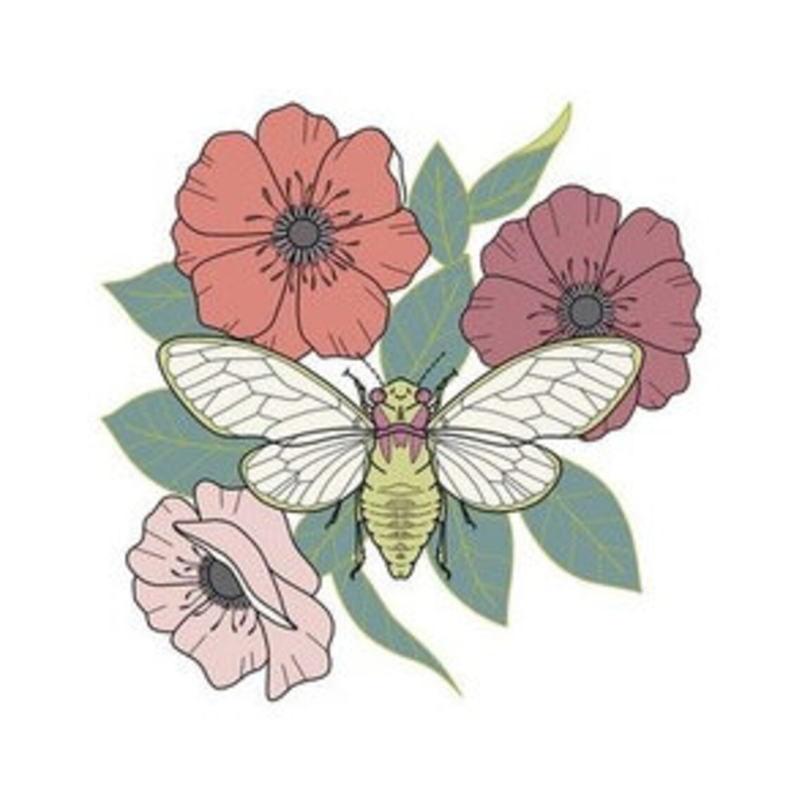 Cicada Embroidery Template on Cotton - Cicada Blossons by Washburnart ...