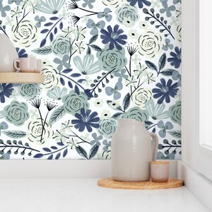 Blue Boho Floral Wallpaper Flower Child Boho by Roochita Sage Green ...