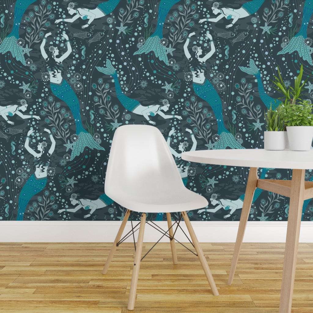 Teal Mermaids Removable Peel and Stick Wallpaper - Turquoise Bubbles ...