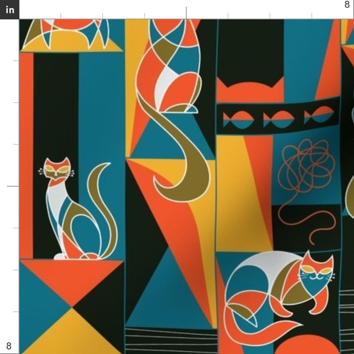 Cubist Cats Fabric Modernist Cats in Primary Colors by - Etsy