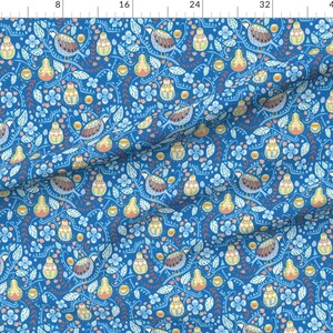 Blue Floral Design Fabric Folk Art Partridge in A Pear Tree by Katie ...