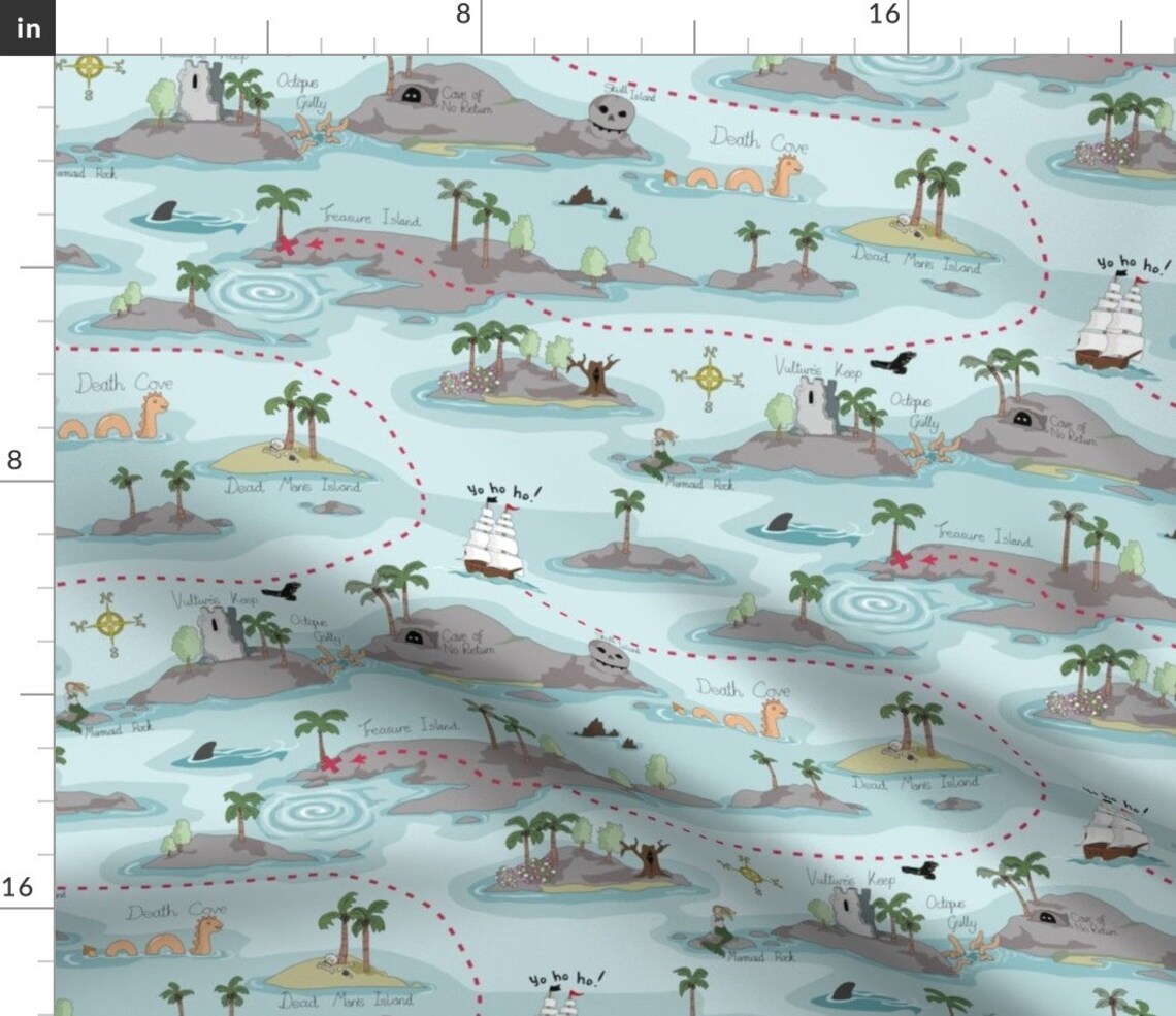 Pirates Nautical Ocean Treasure Map Fabric Dangerous Waters | Etsy