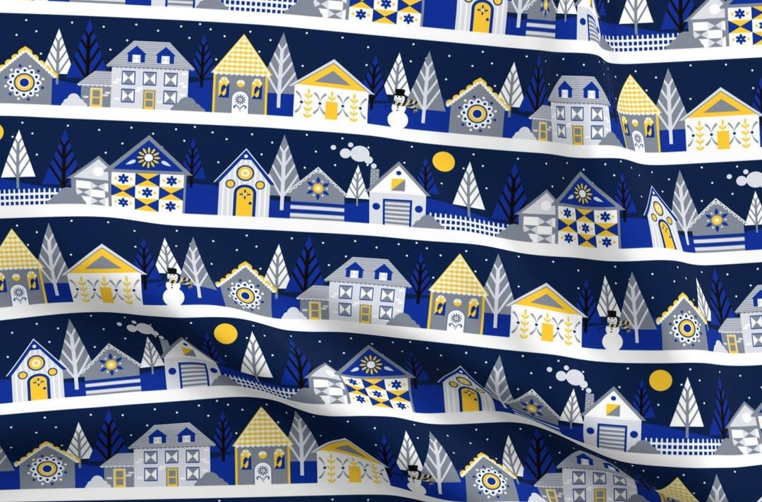 Winter Blue Houses Holiday Fabric Snow at Night by Nikijin Winter Blue ...