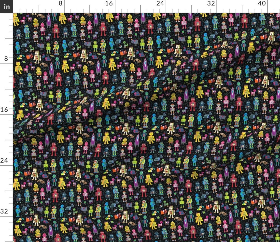Robots Fabric Robots in Space Black by Cecca Robot | Etsy