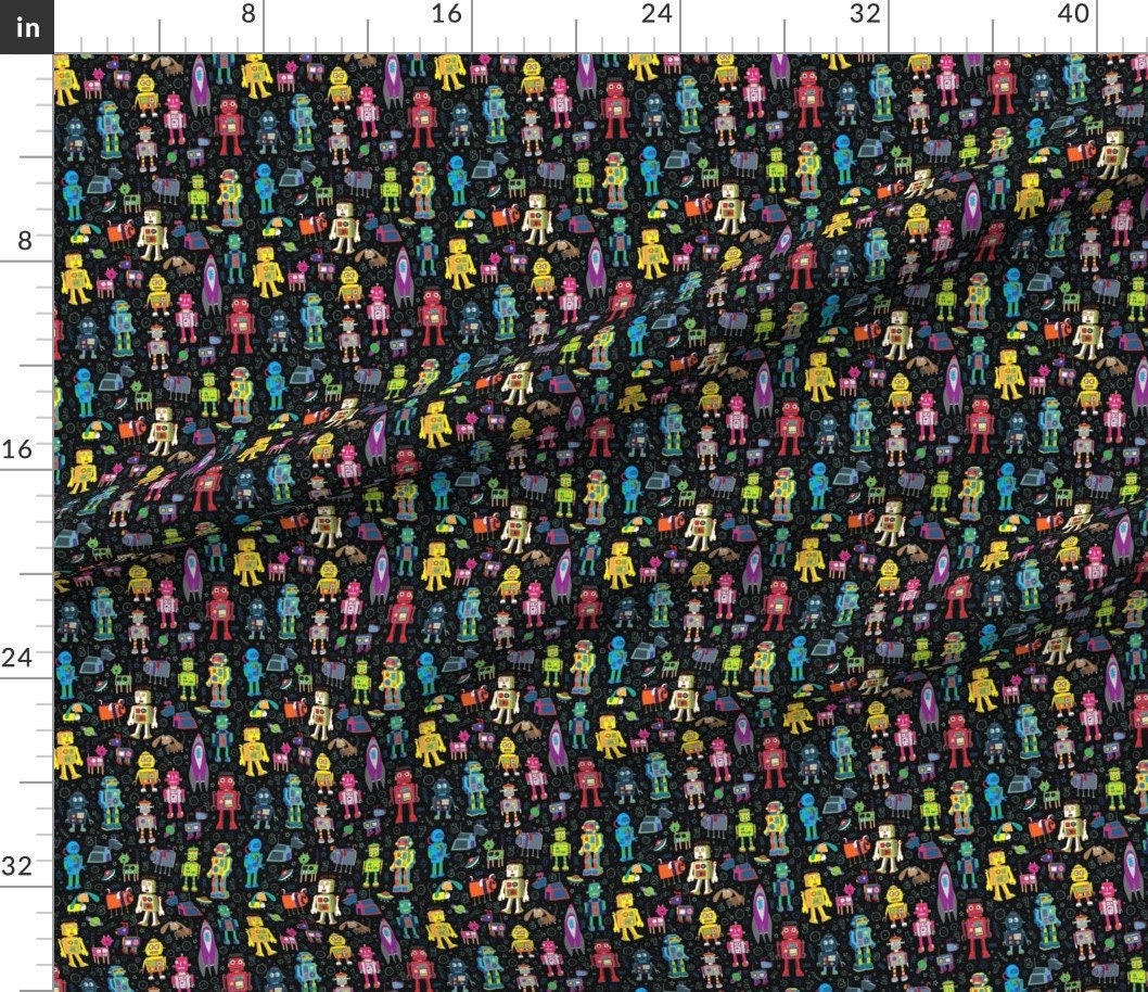 Robots Fabric Robots in Space Black by Cecca Robot | Etsy