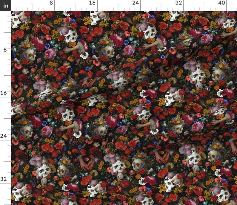 Gothic Skulls Fabric Skulls and Antique Flowers by Utart - Etsy