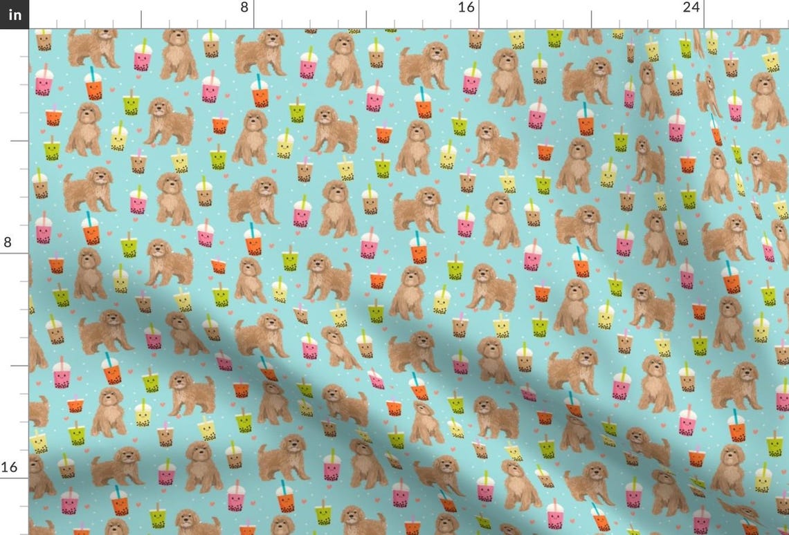 Blue Kawaii Cavoodle Fabric - Cavoodle Bubble Tea Boba Kawaii Cavapoo ...