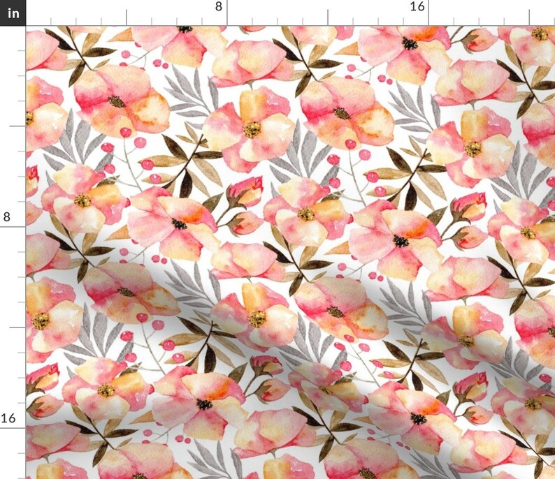 Spring Floral Fabric Pink Watercolor Flowers Branches by - Etsy