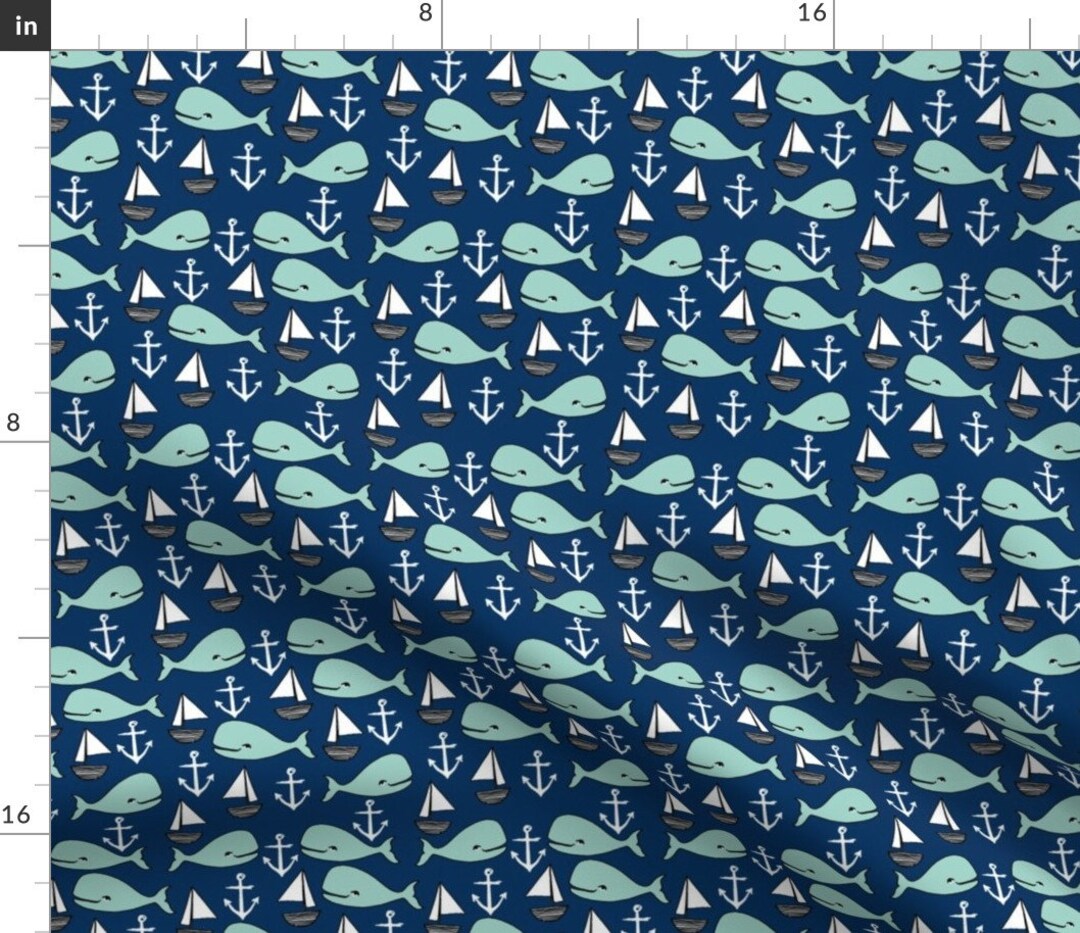 Deep Sea Whales Fabric Mint and Navy Whale Sailboat Anchors Design Cute ...