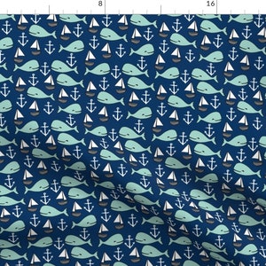 Deep Sea Whales Fabric Mint and Navy Whale Sailboat Anchors Design Cute ...