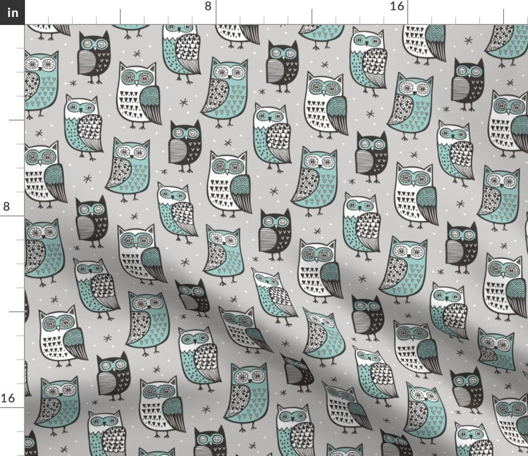 Owl Fabric Owls Owl Woodland Fall Winter Black White Green - Etsy