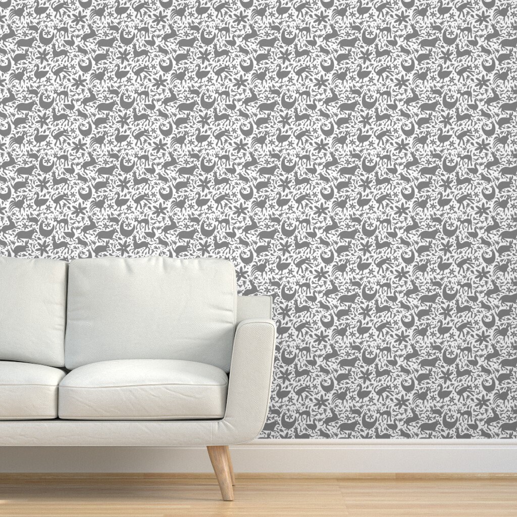 Otomi Wallpaper Mexico Springtime Gray White Large Scale by | Etsy