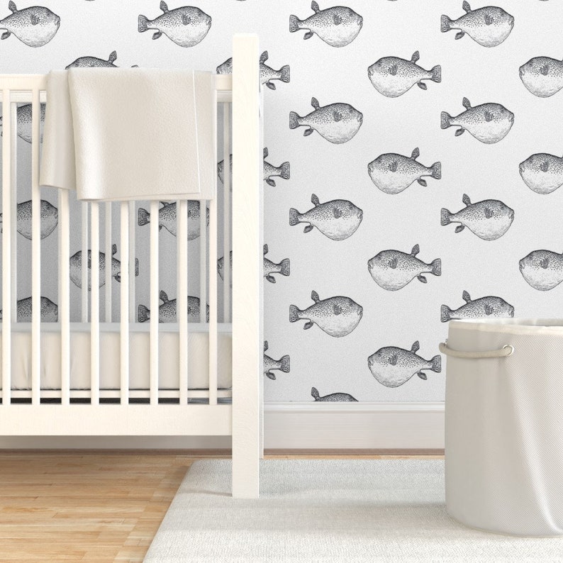 Blowfish Wallpaper Charcoal Puffer Fish on White by Mlags - Etsy