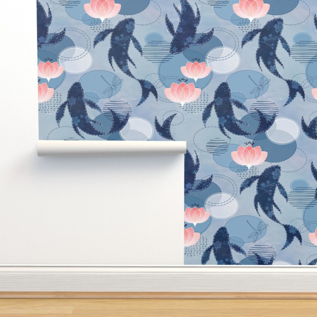 Koi Fish Wallpaper Patchwork Koi Pond by Adenaj Blue - Etsy