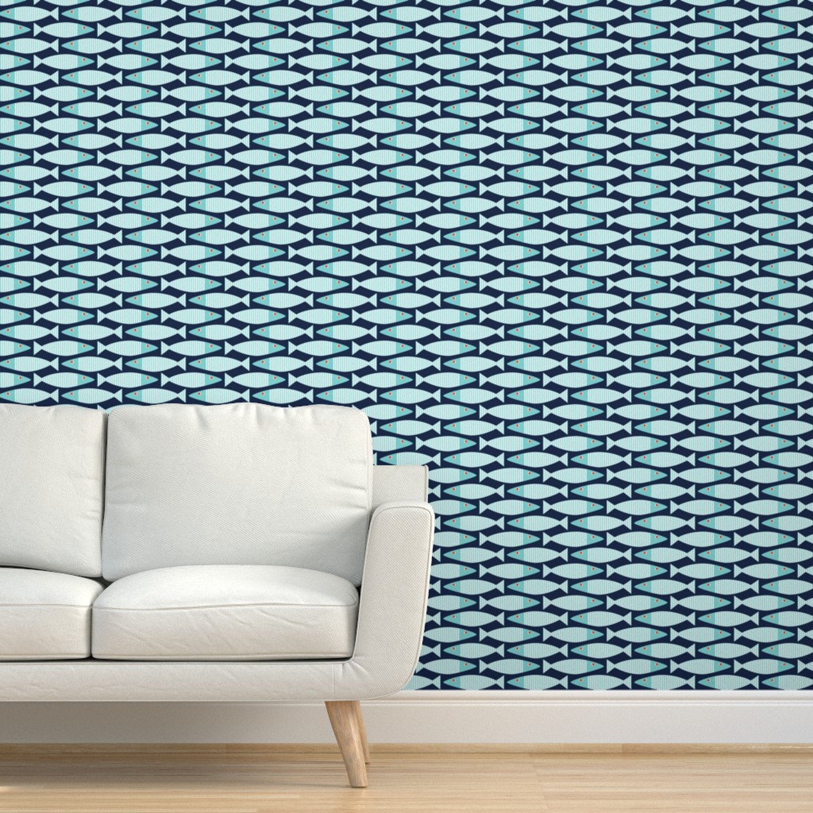 Modern Fish Wallpaper Wavy Bass Indigo Turquoise by - Etsy