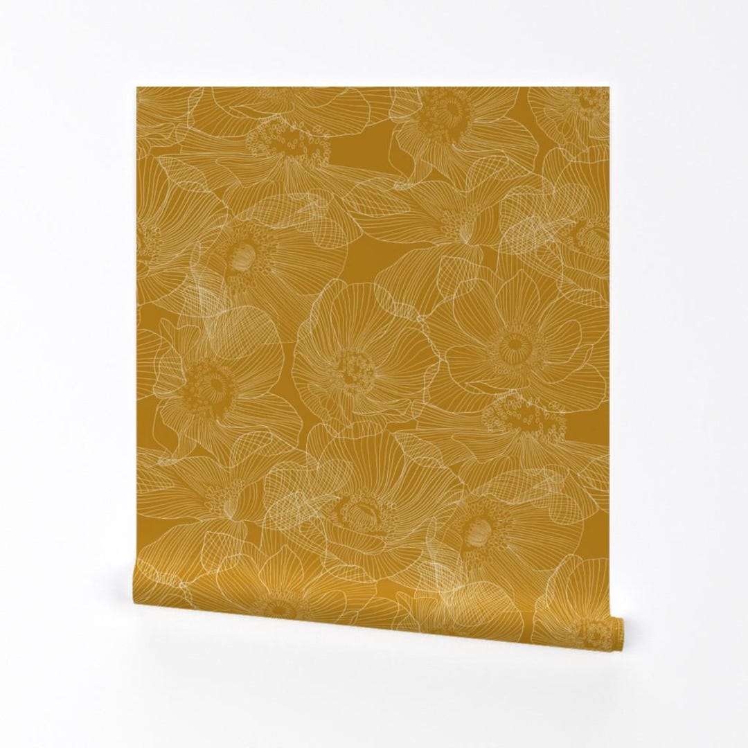 Anemone Floral Removable Peel and Stick Wallpaper Mustard Gold Large Scale Wall Art Wall Decor ...