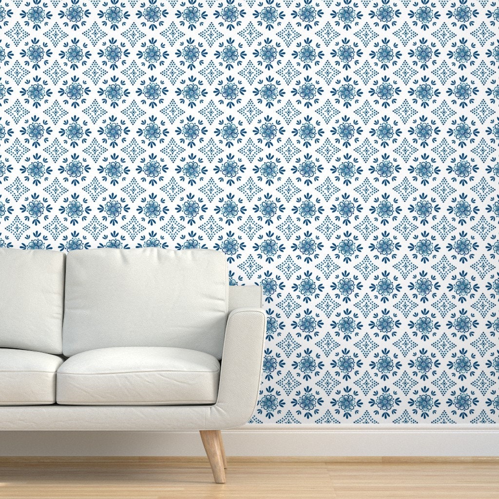 Blue Star Tile Wallpaper Starflower Chinoiserie by - Etsy