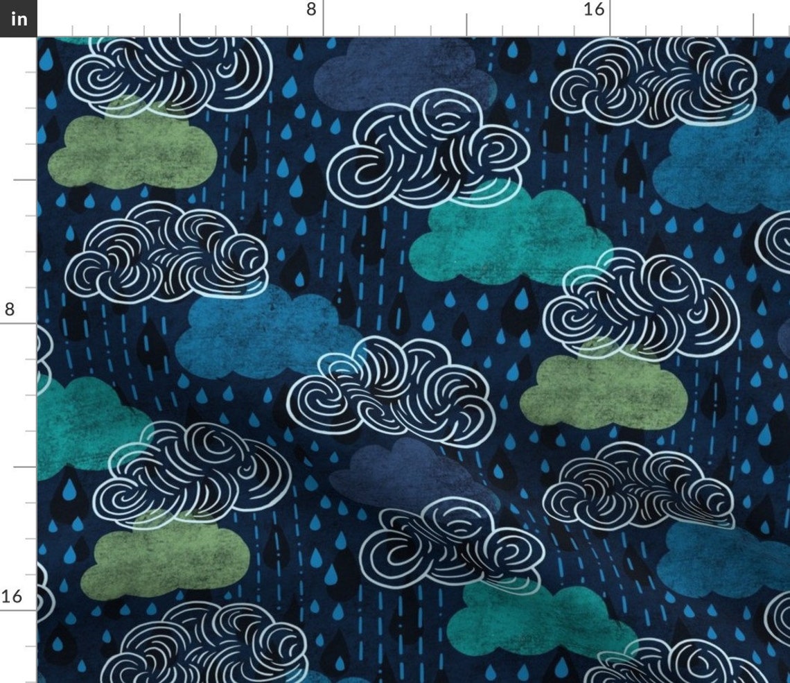 Rain Fabric Rainy Day Clouds By Creativeinchi Rain Blue - Etsy France