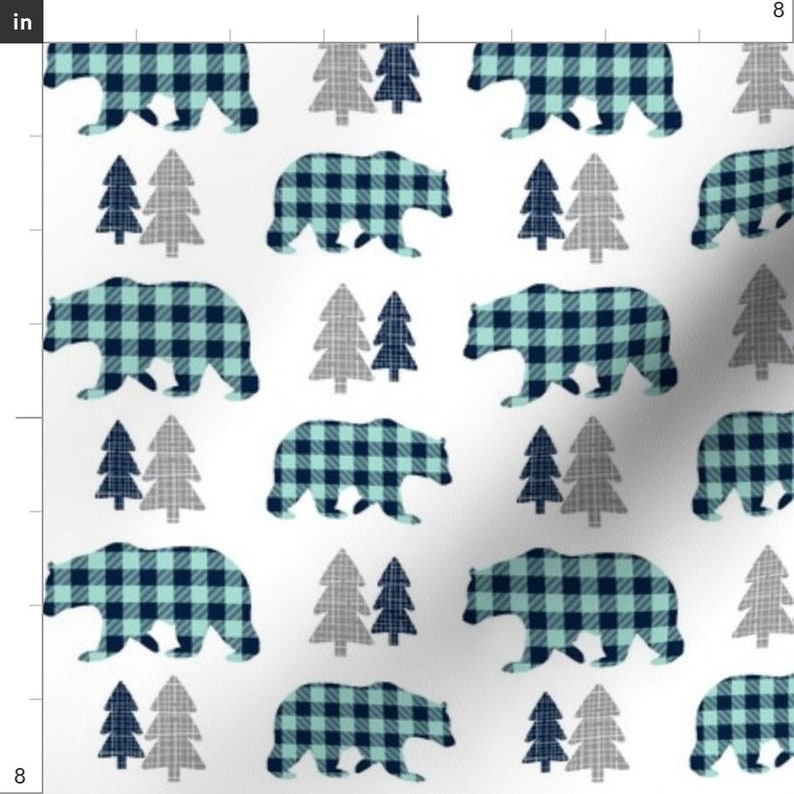 Plaid Bears Fabric Bear Trees Gray Navy Mint Bear Buffalo - Etsy
