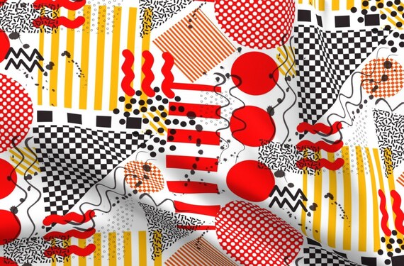 Retro Red Geometric Fabric Memphis Reds By Orangefancy | Etsy
