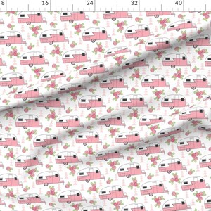 Pink Camper Fabric Large Pink Trailers With Rosebuds on White by ...