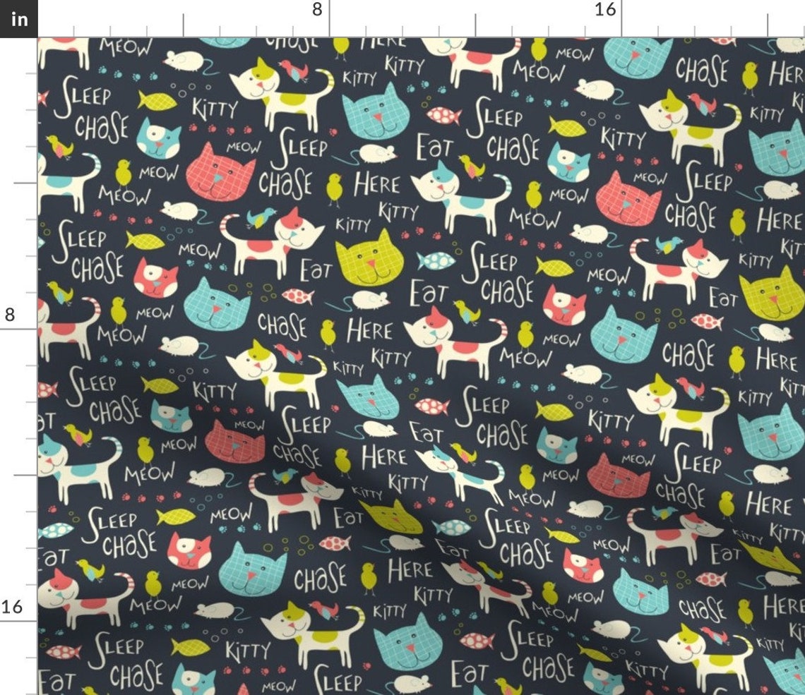 Cat Fabric Here Kitty Kitty Whimsical Cats Typography by - Etsy