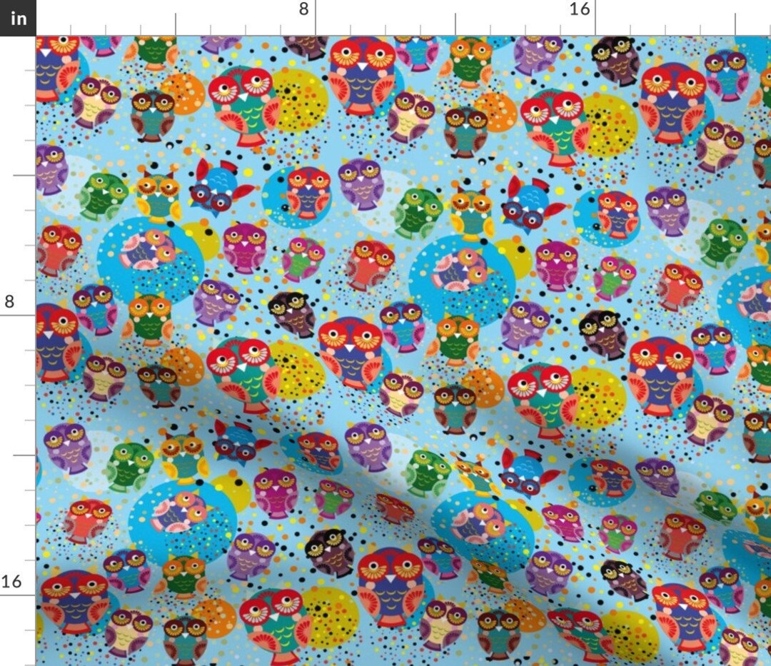 Dotted Owl Fabric Colorful Owls on A Blue Background. by Ekaterinap ...