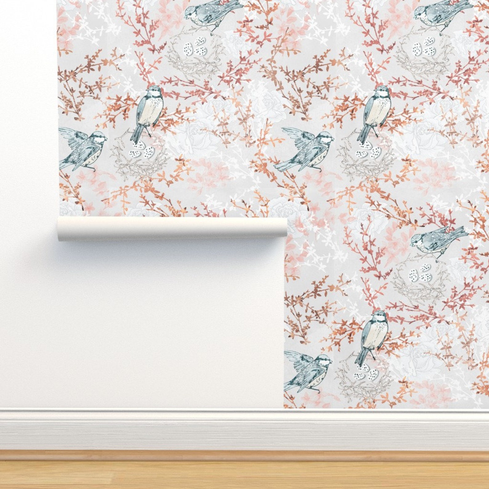 Bird Wallpaper Bluebirds by Nouveau Bohemian Blue Red Pink - Etsy